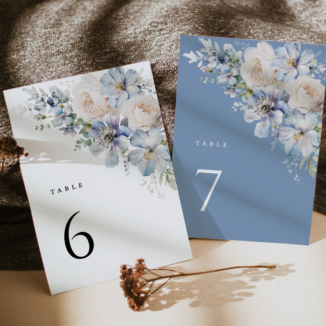 Dusty Blue Wedding Table Numbers Card Template, Ivory Floral Table ...