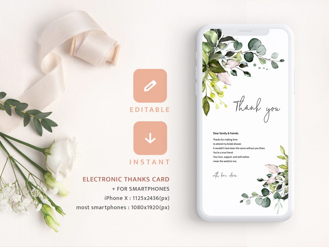 Editable Electronic Thank You Note Mobile Card, Greenery Rustic Floral ...