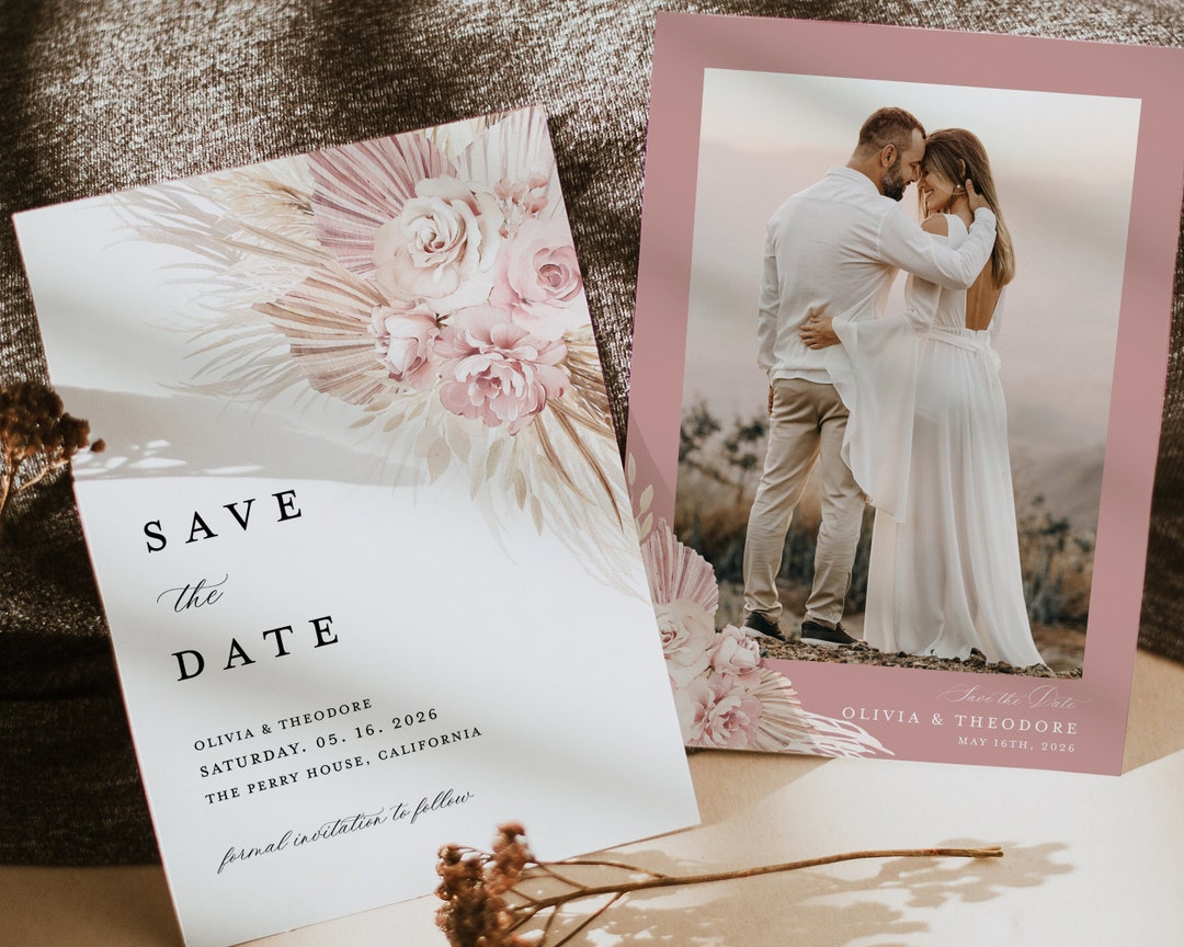 Blush Pink Save the Date Cards Template, Photo Boho Floral Wedding Save ...