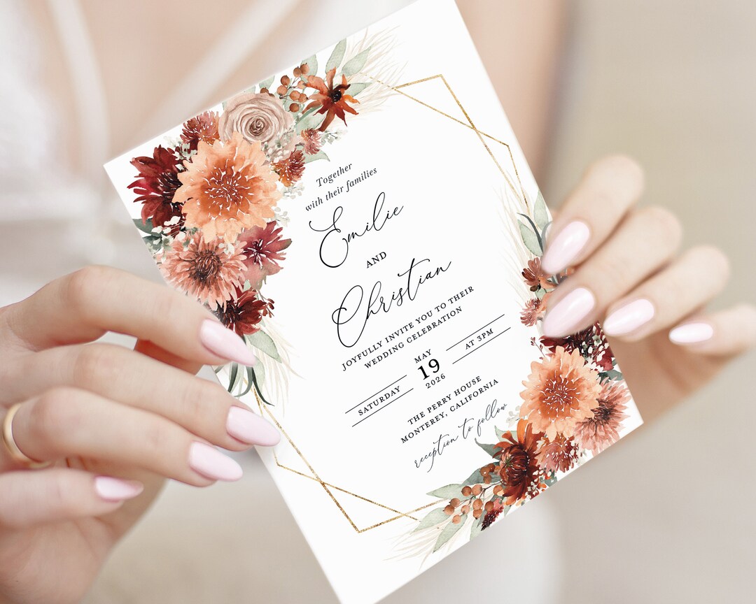 Terracotta Floral Wedding Invitation Template, Boho Burnt Orange ...