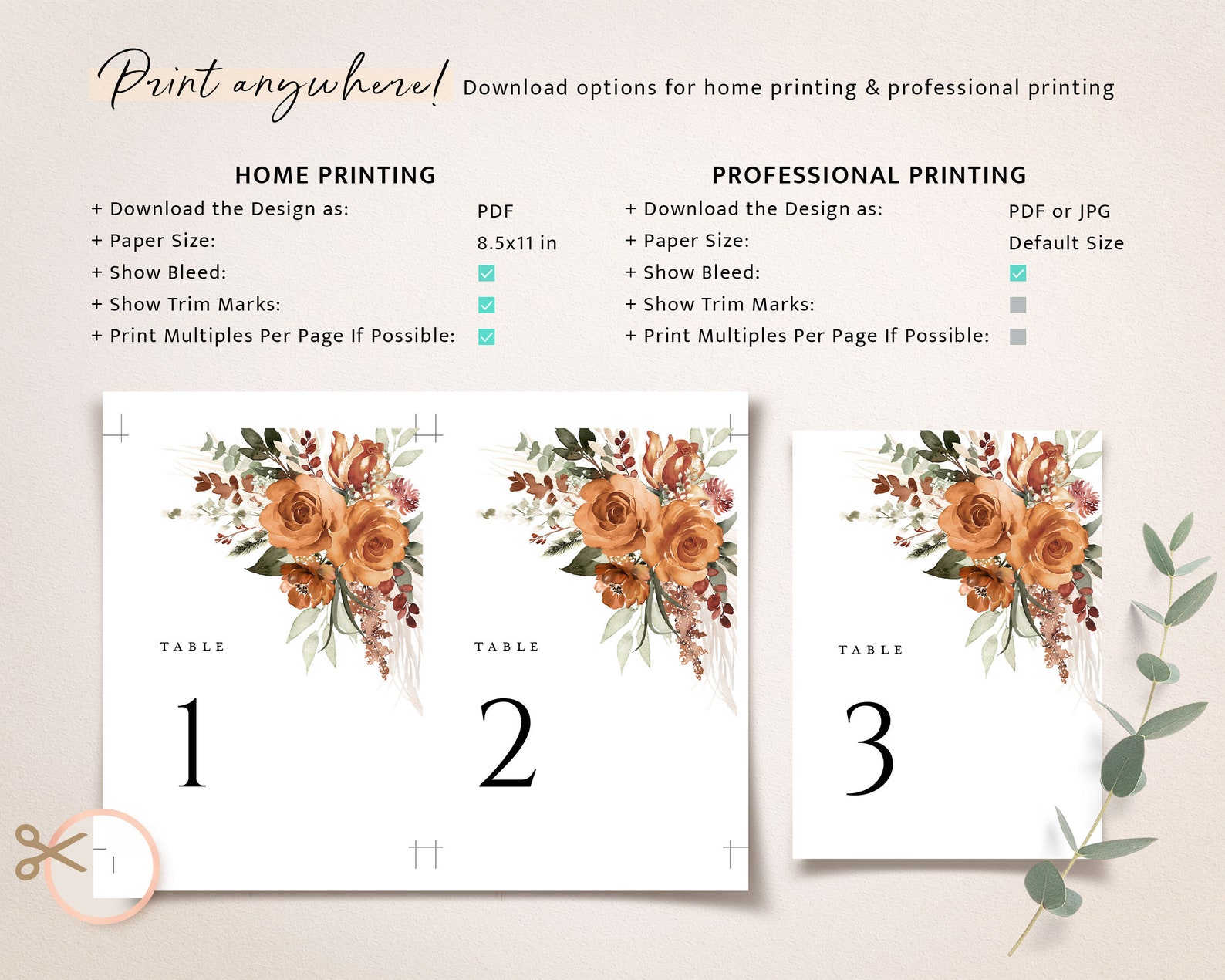 Boho Terracotta Wedding Table Numbers Card Template, Floral Modern ...