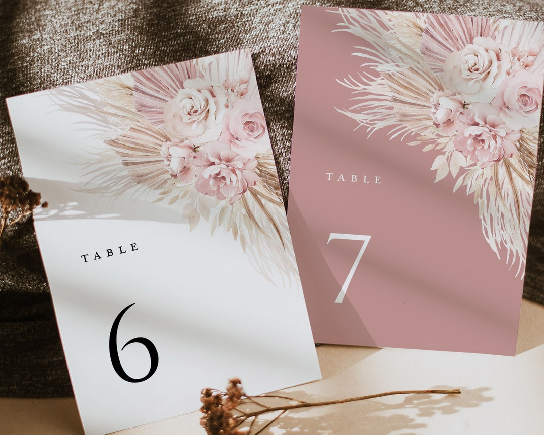 Blush Floral Wedding Table Number Card Template, Boho Floral Table ...