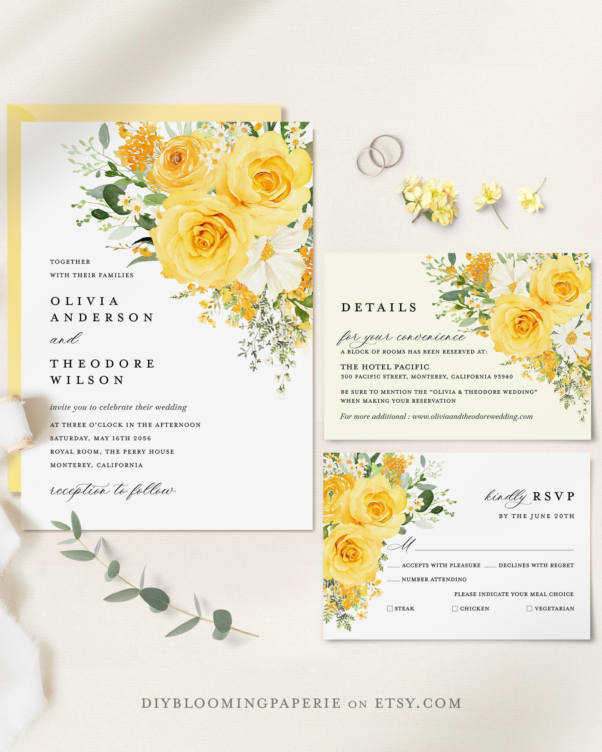 Yellow Floral Wedding Invitation Template Set, Boho Wedding Invites ...