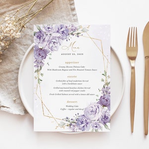 Lavender Wedding Menu Cards Template, Lilac Gold Reception Menu ...