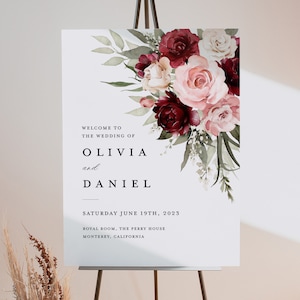 Burgundy Wedding Welcome Sign Template, Boho Blush Pink Rose Reception ...