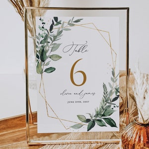 Sage Greenery Wedding Table Numbers Card Template, Gold Botanical Table ...