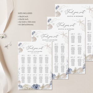 Blue Beach Ocean Wedding Seating Chart Template, Printable Boho Large ...