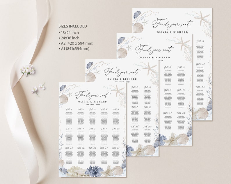 Blue Beach Ocean Wedding Seating Chart Template, Printable Boho Large ...
