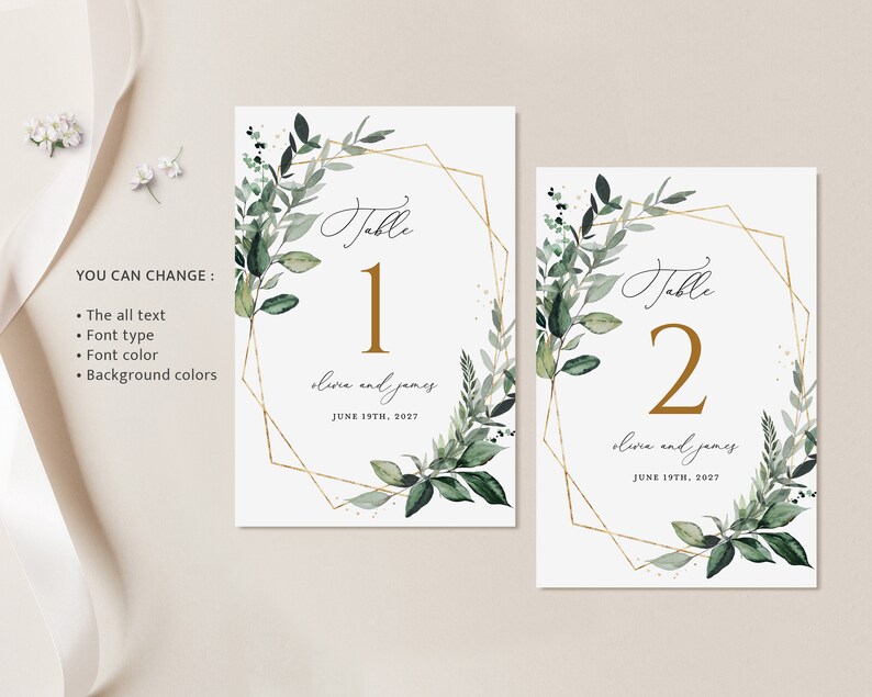 Sage Greenery Wedding Table Numbers Card Template, Gold Botanical Table ...