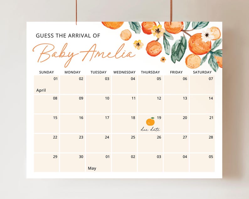 Little Cutie Guess the Baby Due Date Calendar Game Sign, Orange Citrus ...