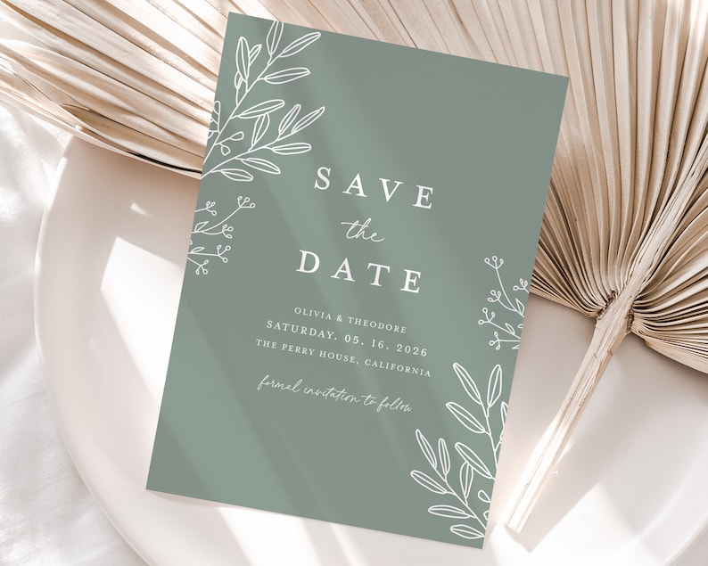 Sage Green Save the Date Template, Minimalist Photo Wedding Save the ...