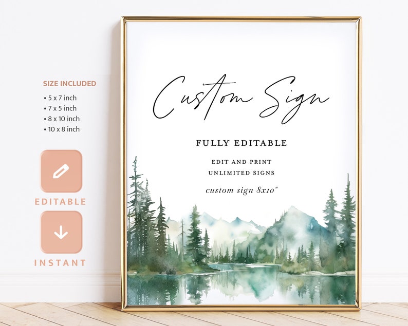 Mountain Custom Wedding Sign Template, Lake Woodland Forest Reception ...