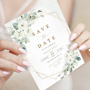 Sage Green Save the Date Template, White Floral Photo Wedding Save the ...