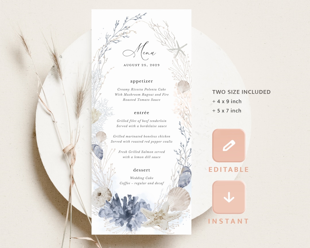 Boho Beach Wedding Menu Cards Template, Ocean Blue Reception Menu ...