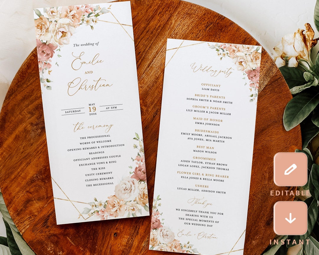 Dusty Rose Wedding Programs Template, Ceremony Boho Floral Program ...
