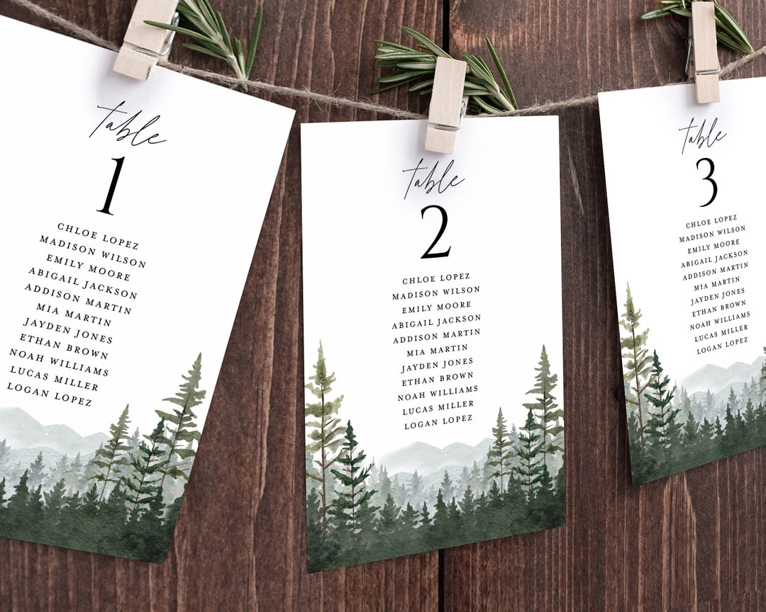 Mountain Wedding Seating Chart Card Template, Woodland Table Numbers ...