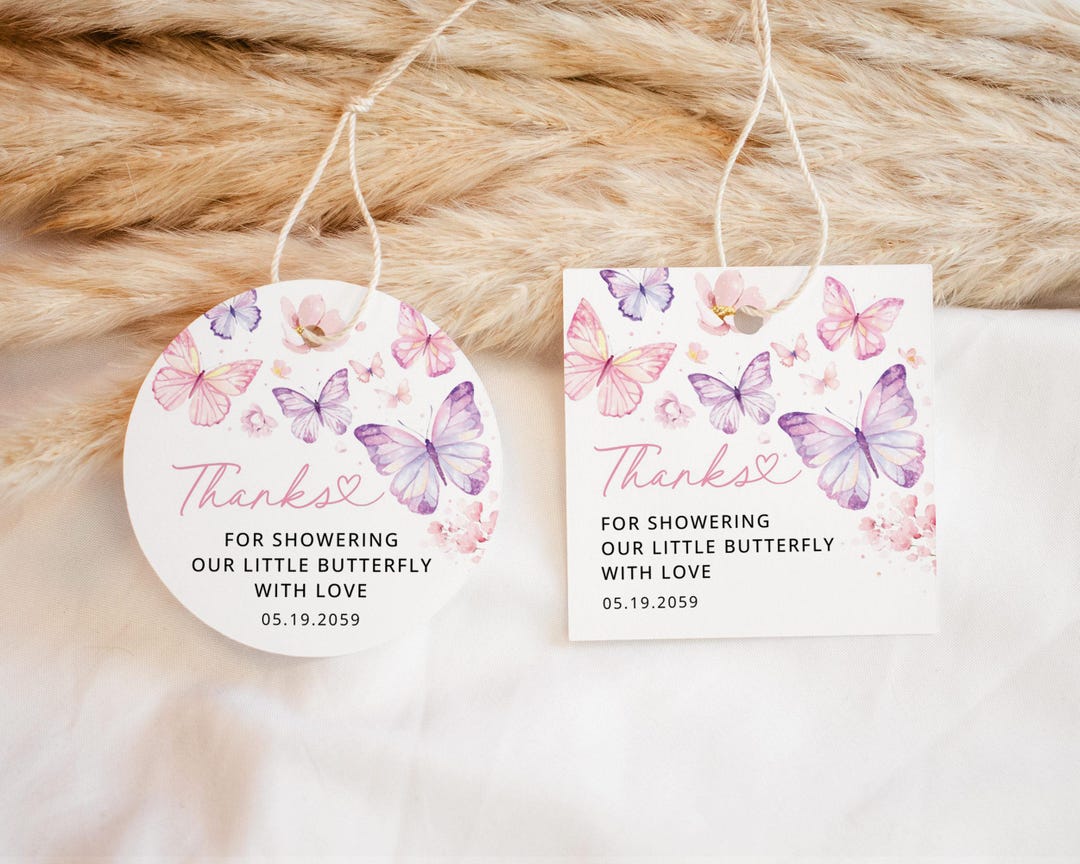 Butterfly Thank You Favors Tags Template, Baby Shower Pink Purple ...
