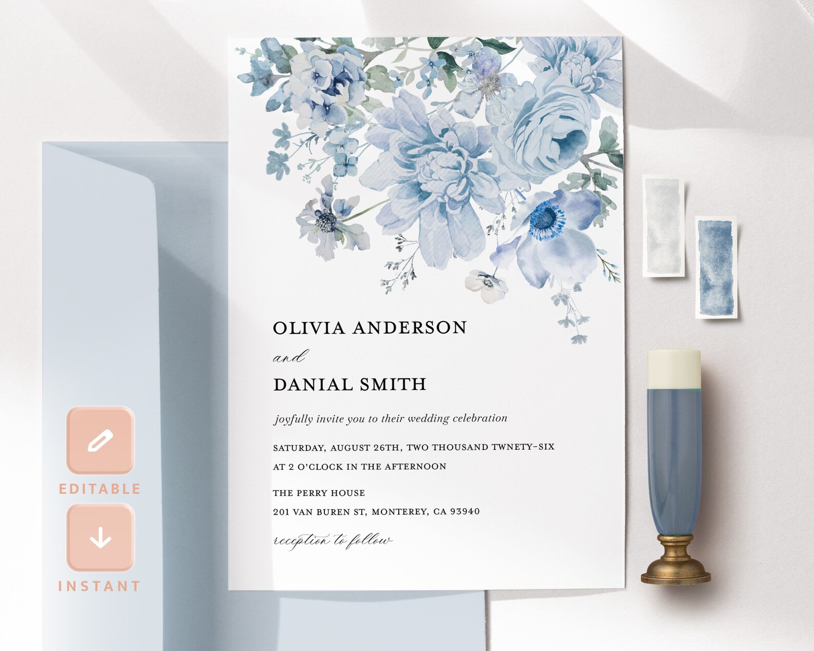 Dusty Blue Wedding Invitation Template Steel Blue Floral - Etsy