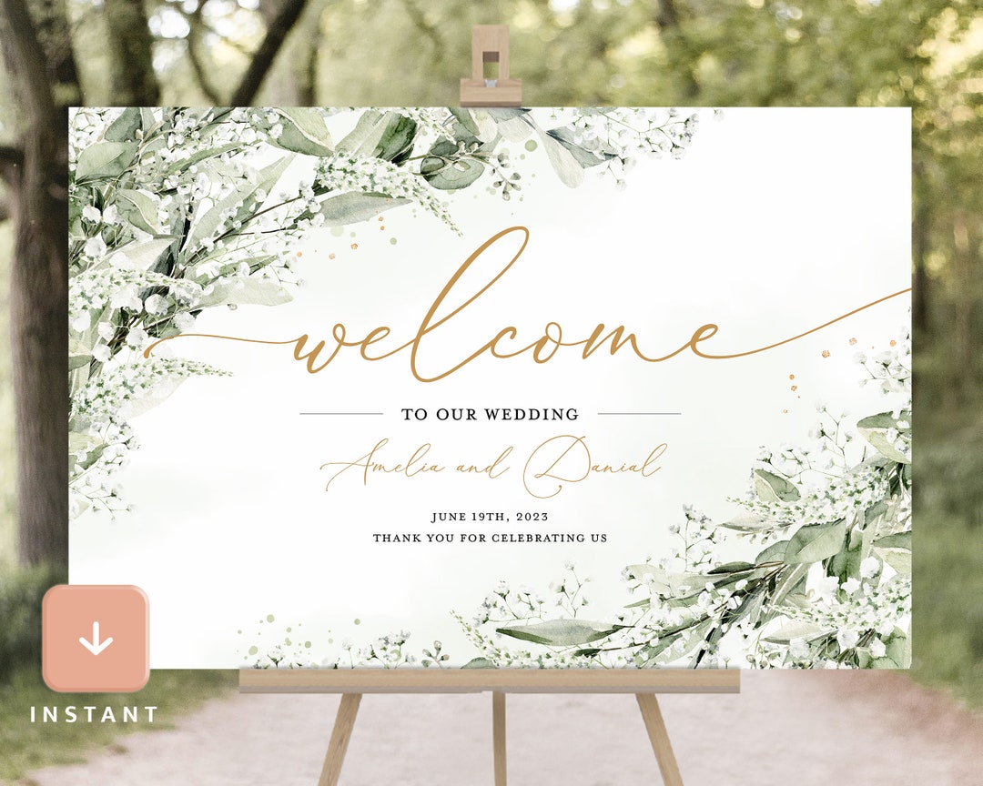 Boho Greenery Custom Wedding Welcome Sign Template, Sage Green Editable ...