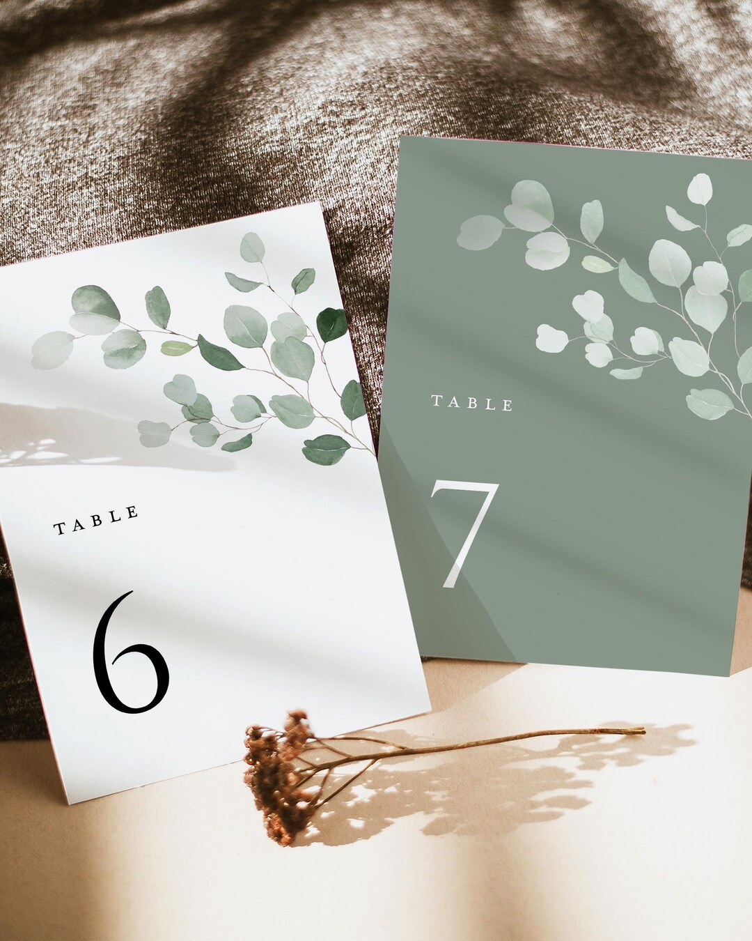 Sage Green Wedding Table Number Card Template, Minimal Eucalyptus ...