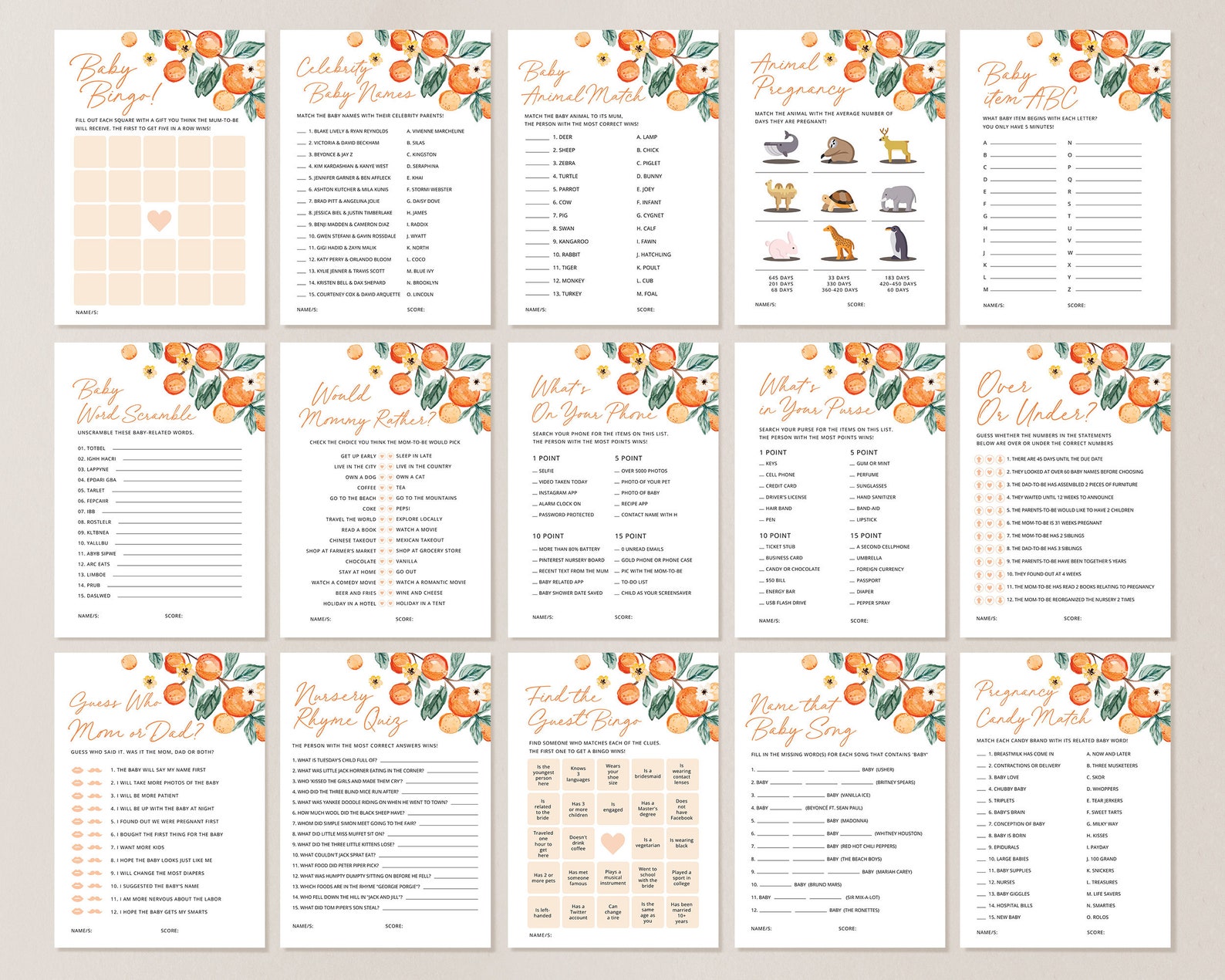 Baby Shower Games, Printable Orange Citrus Baby Shower, Editable A ...
