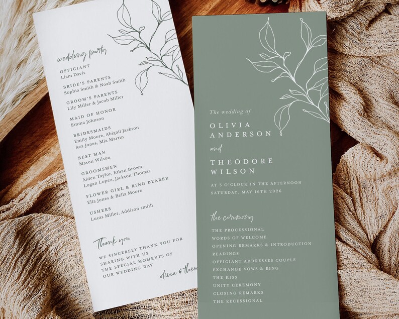 Minimalist Wedding Programs Template Ceremony Sage Green - Etsy