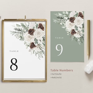 Winter Sage Green Wedding Table Numbers Card Template, Boho Floral ...