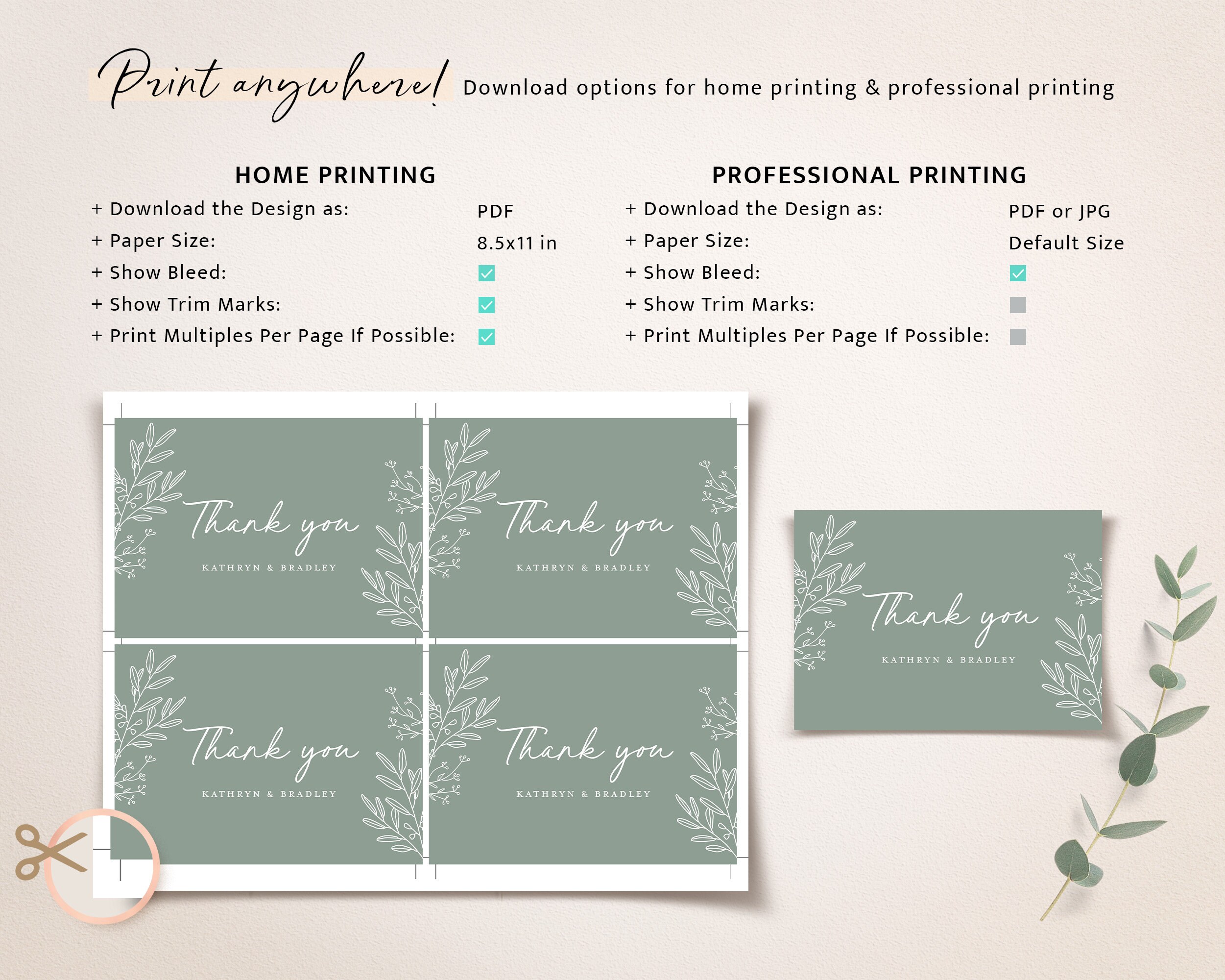 Sage Green Wedding Thank You Card Template, Minimalist Greenery ...