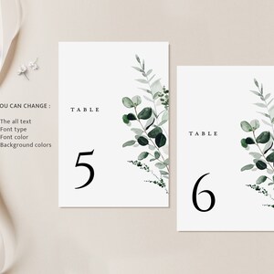Sage Green Wedding Table Number Card Template, Greenery Table Numbers ...