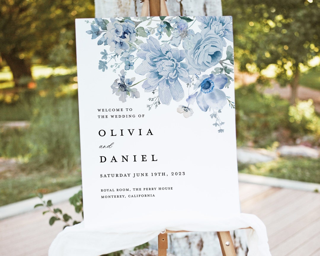 Dusty Blue Wedding Welcome Sign Template, Floral Modern Editable Sign ...