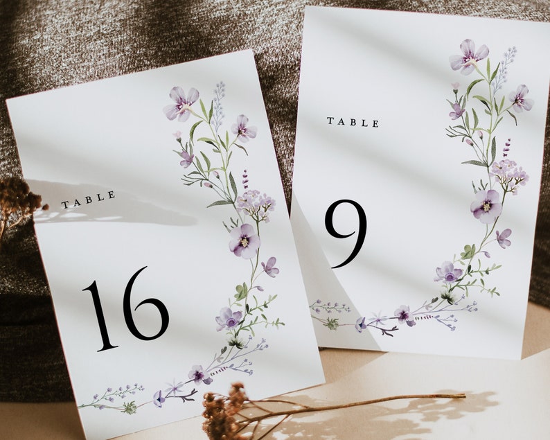 Lavender Wedding Table Numbers Card Template, Lilac Wildflower Boho ...