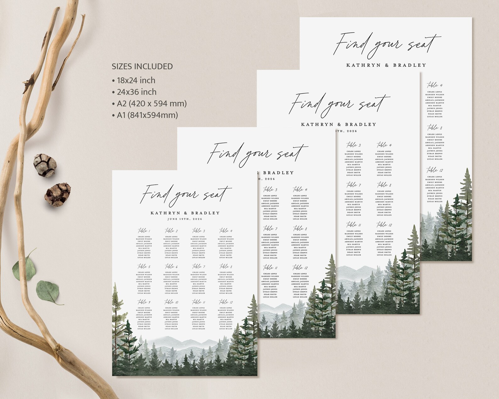 Mountain Wedding Seating Chart Template, Printable Woodland Forest Pine ...