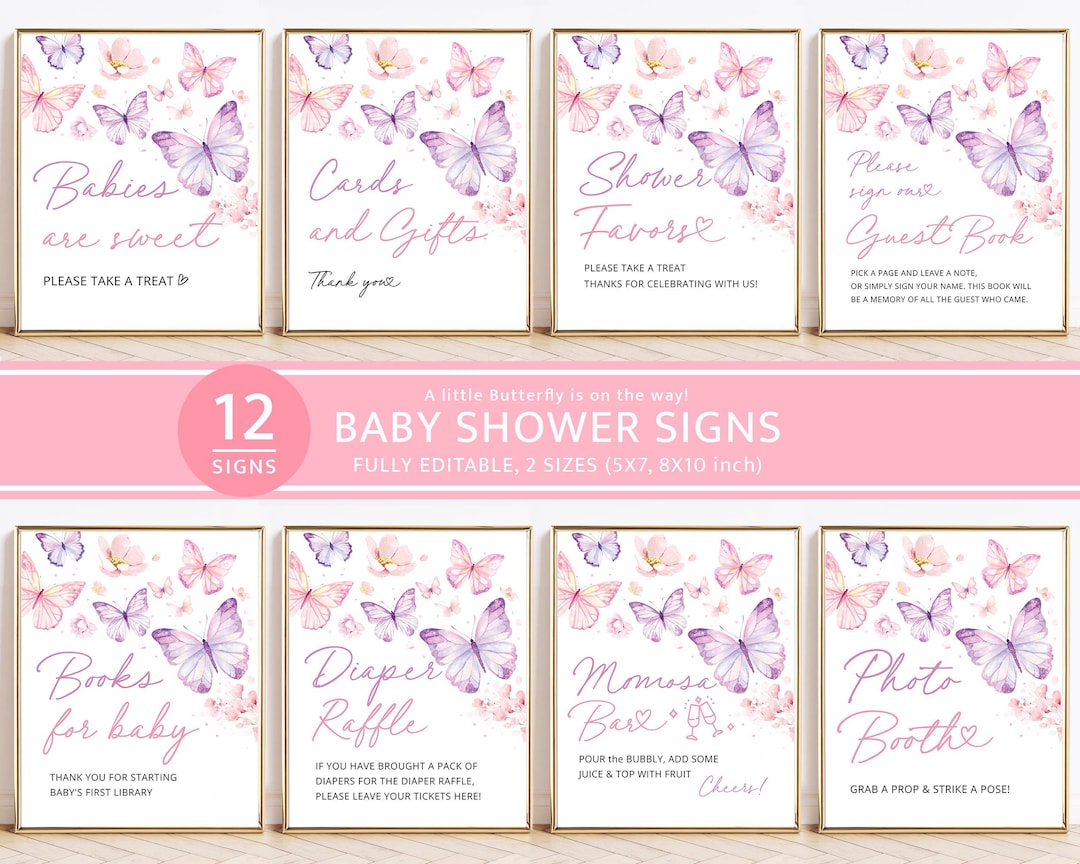 Little Butterfly Baby Shower Signs Bundle Template, Printable Editable ...