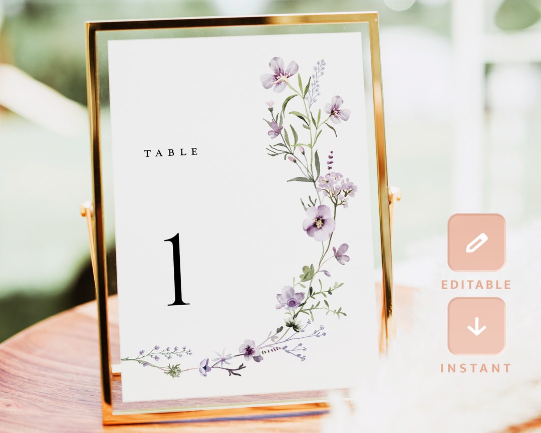 Lavender Wedding Table Numbers Card Template, Lilac Wildflower Boho Table Numbers, Elegant ...