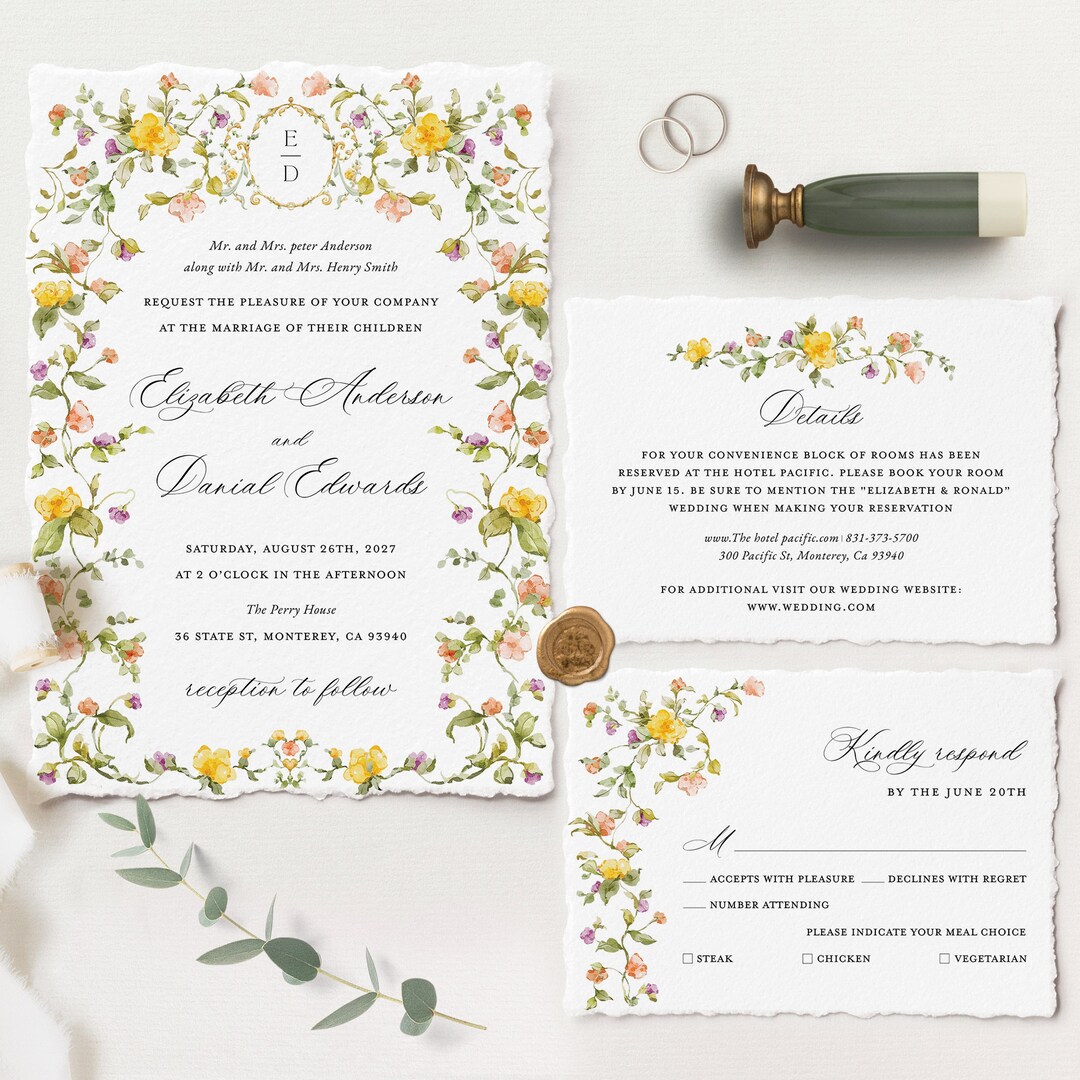 Classic Floral Wedding Invitation Template Set, Colorful Elegant ...