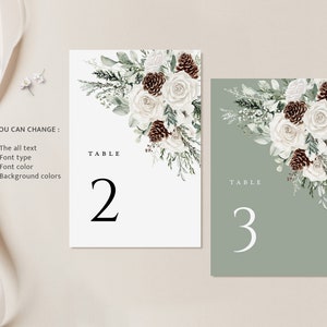 Winter Sage Green Wedding Table Numbers Card Template, Boho Floral ...