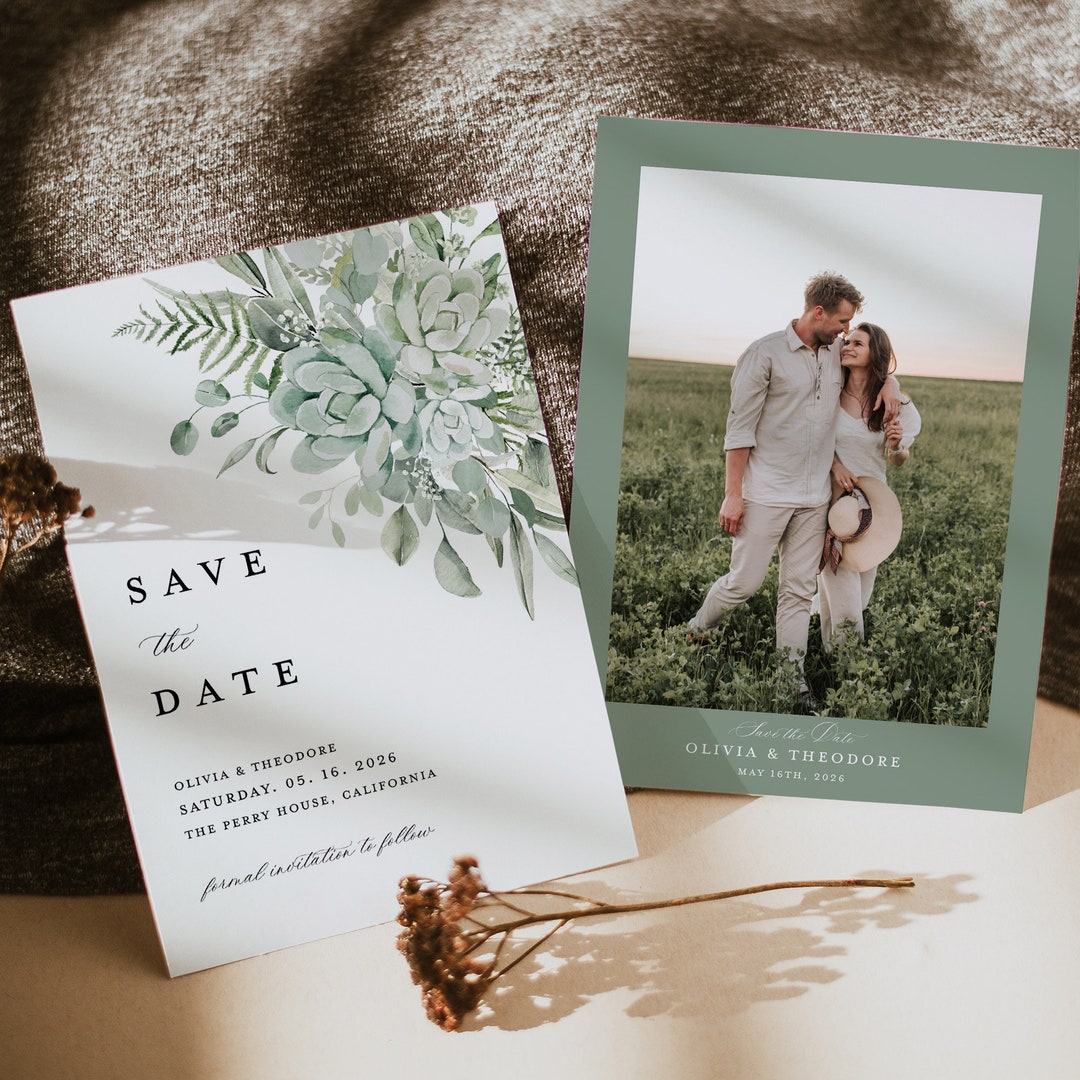 Sage Green Save the Date Cards Template, Photo Boho Greenery Wedding ...