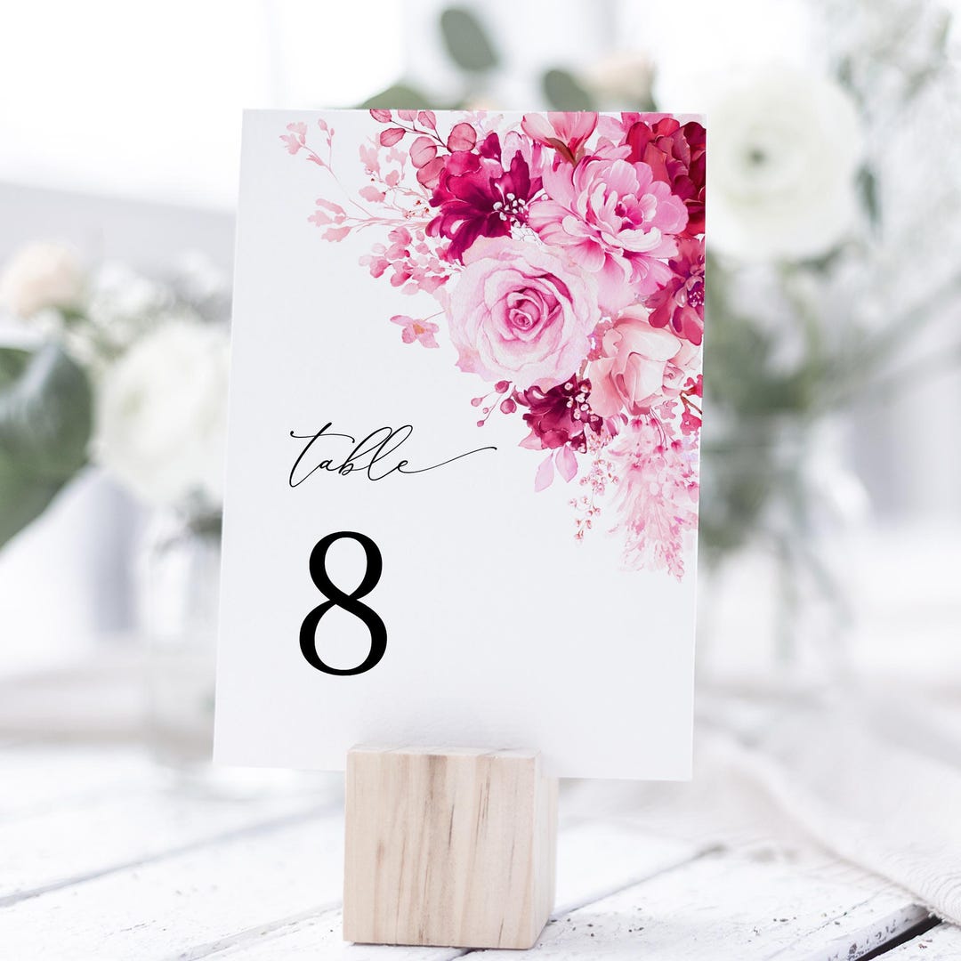 Hot Pink Bridal Shower Table Numbers Card Template, Floral Table ...