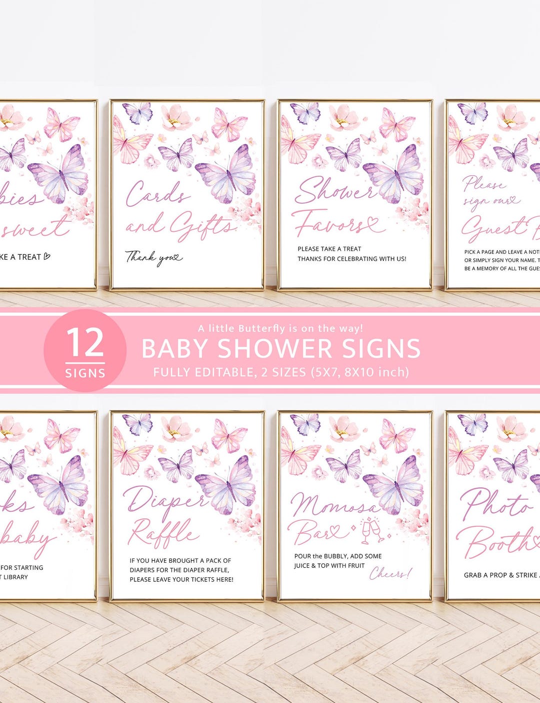 Little Butterfly Baby Shower Signs Bundle Template, Printable Editable ...