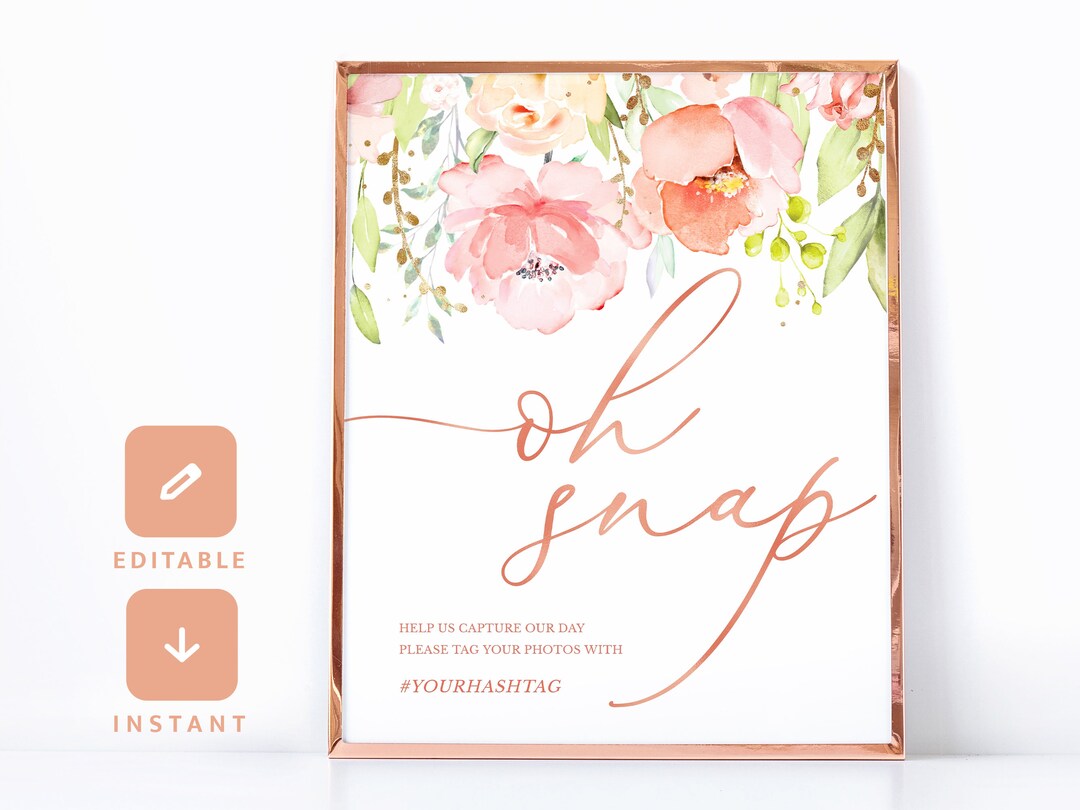 Oh Snap Sign Bridal Shower Wedding Photo Booth Table Hashtag Blush Pink ...