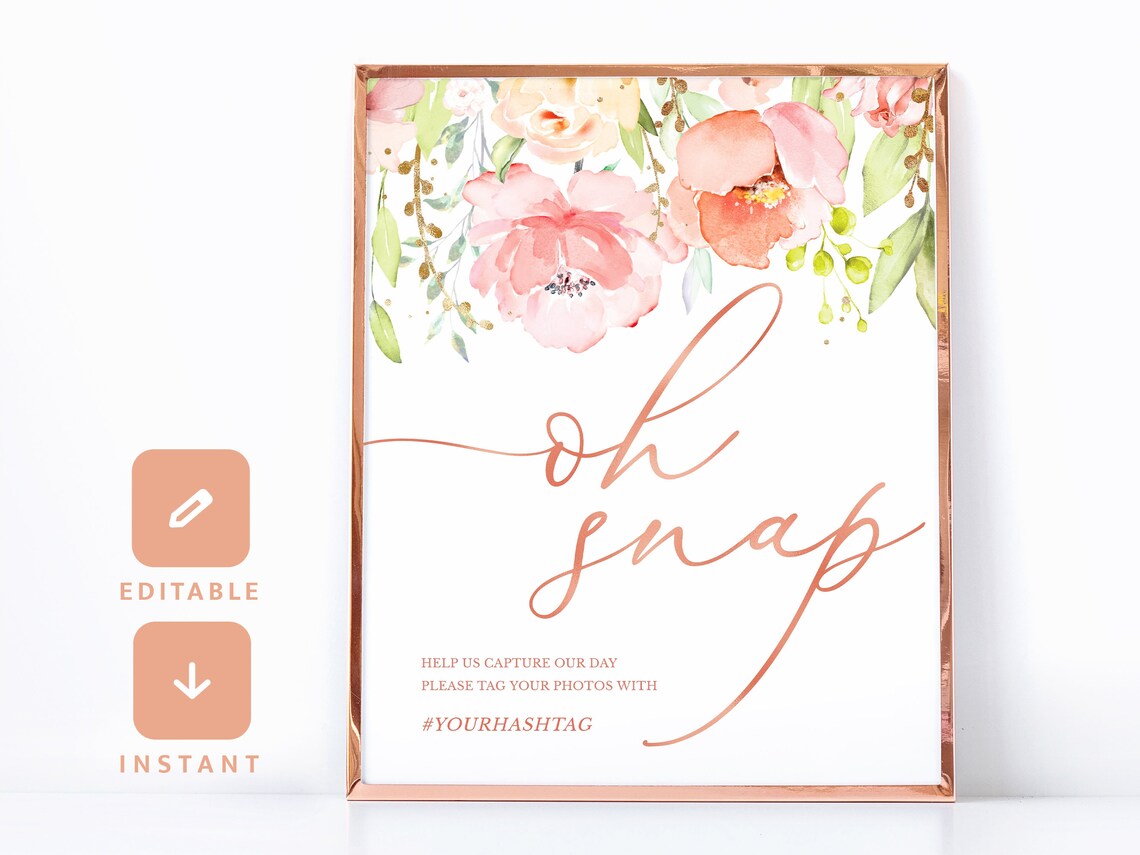 Oh Snap Sign Bridal Shower Wedding Photo Booth Table Hashtag Blush Pink ...
