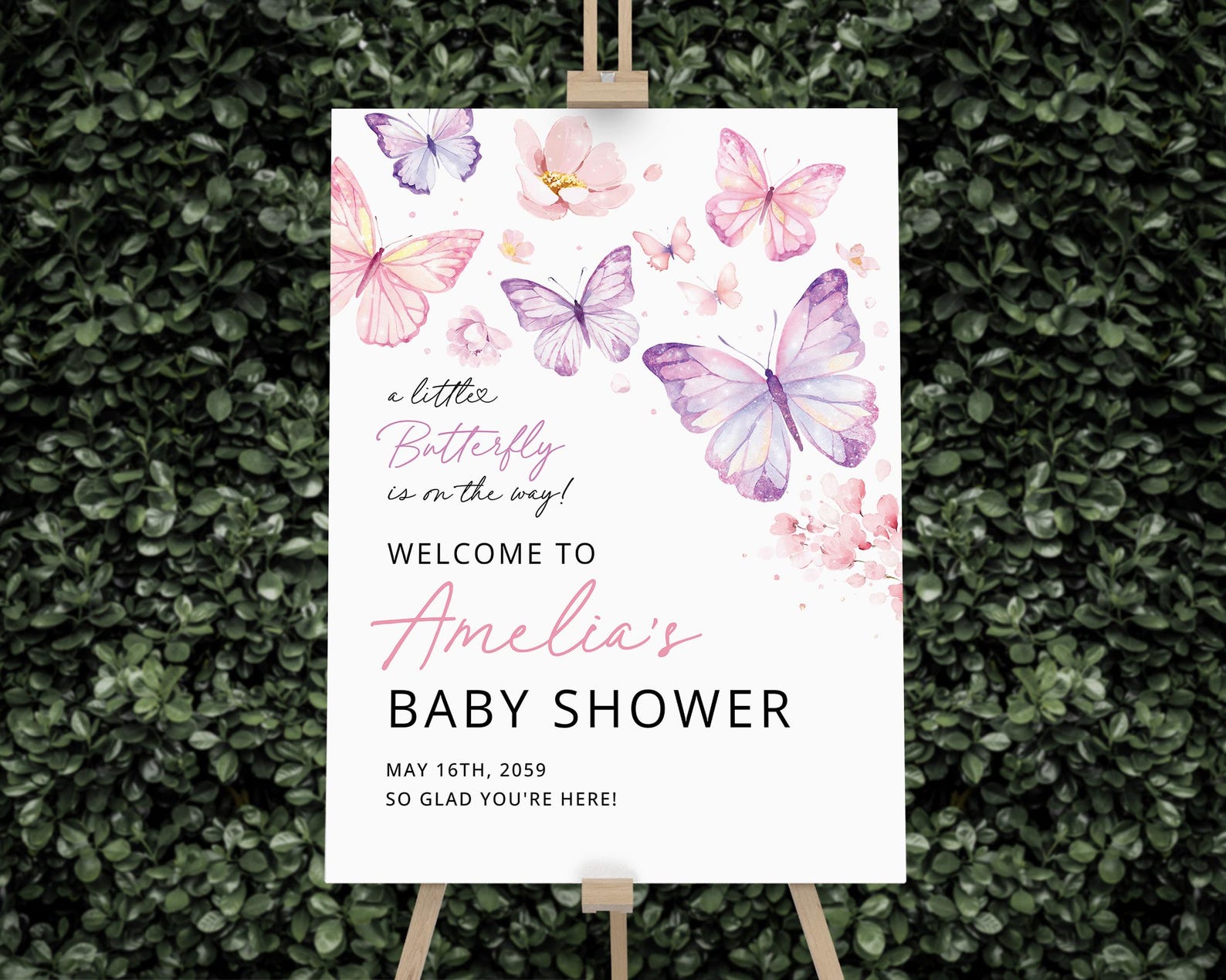 Butterfly Baby Shower Welcome Sign Template, Pink Purple Printable Baby ...