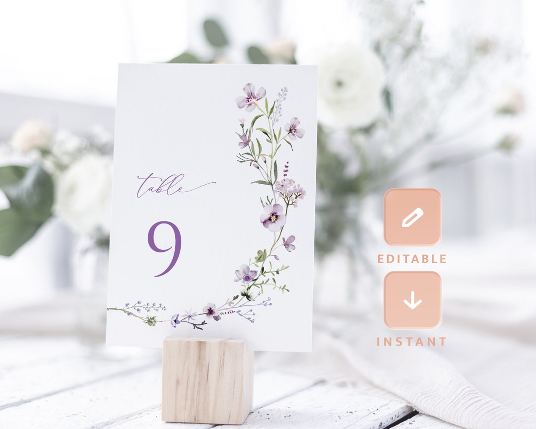 Lavender Table Numbers Card, Boho Bridal Shower Template, Floral Lilac ...
