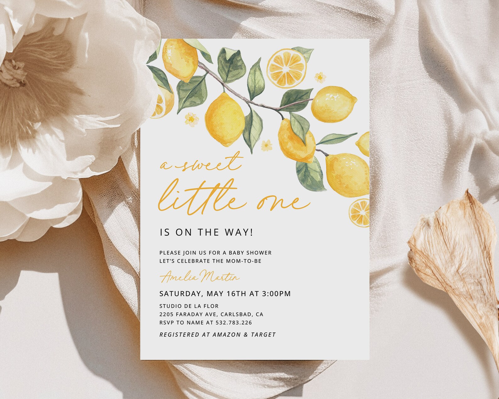 A Sweet Little One Lemon Baby Shower Invitation Set Template, Citrus ...