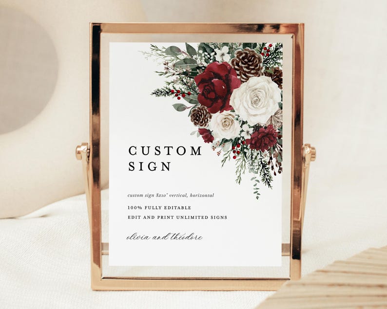 Winter Christmas Custom Wedding Sign Template, Burgundy Floral ...