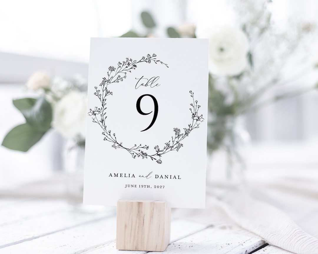 Minimal Wedding Table Number Card Template, Black and White Table ...