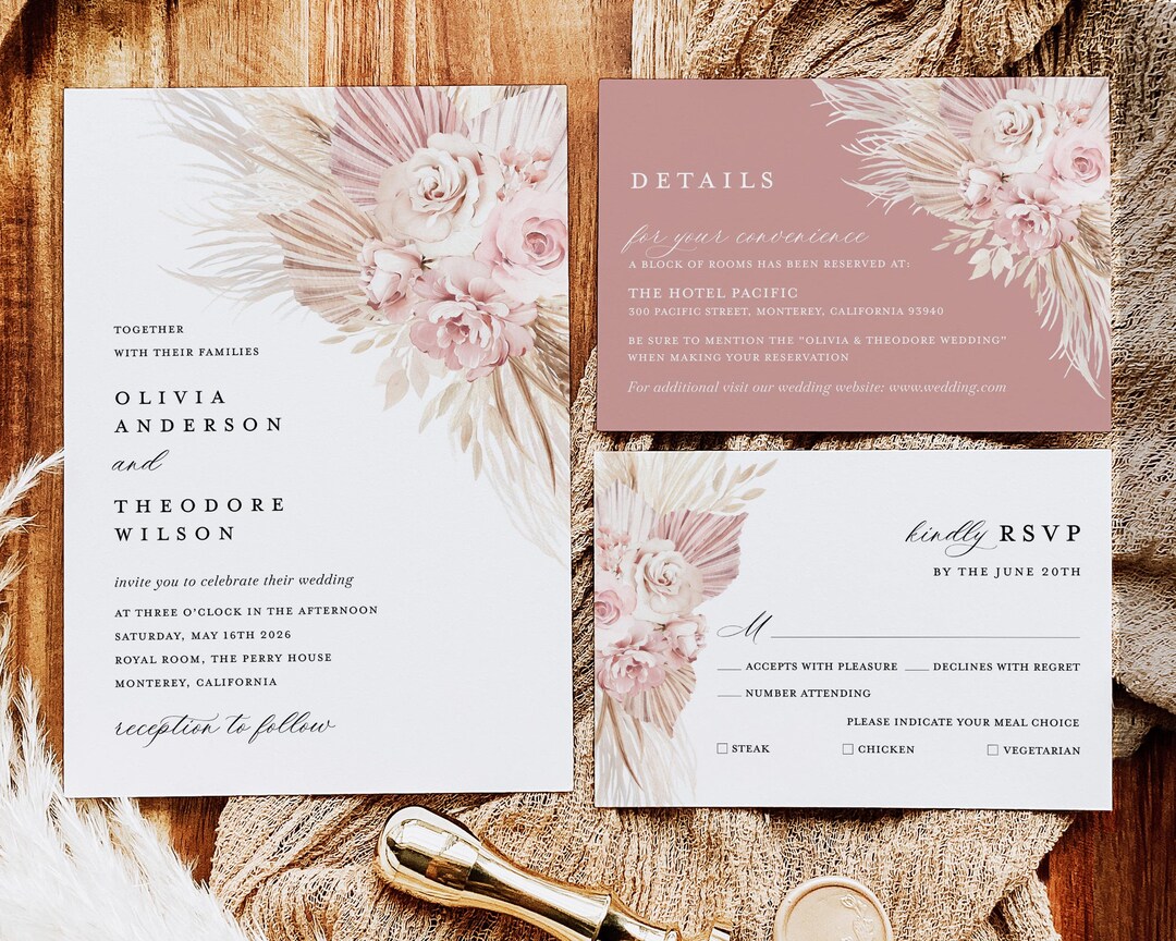 Blush Pink Wedding Invitation Template Set, Boho Floral Wedding Invite ...