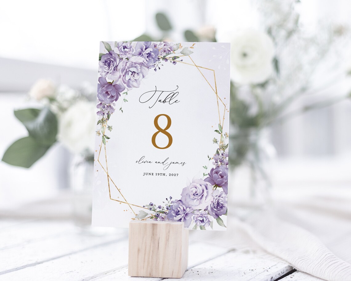 Lavender Floral Wedding Table Number Card Template, Lilac Gold Table ...
