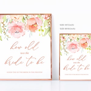 Bridal Shower Game How Old Was the Bride to Be Sign Blush Pink Floral ...