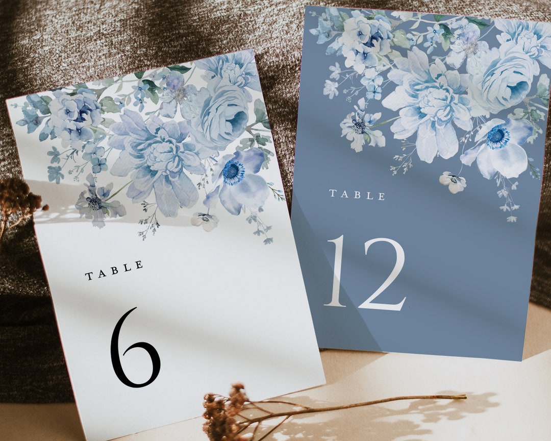 Dusty Blue Wedding Table Number Card Template, Steel Blue Floral Boho ...